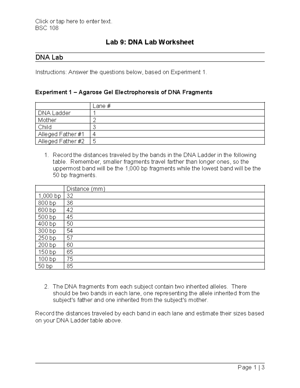 Lab 9 bsc - lab 9 - Click or tap here to enter text. BSC 108 Lab 9: DNA Lab Worksheet DNA Lab ...
