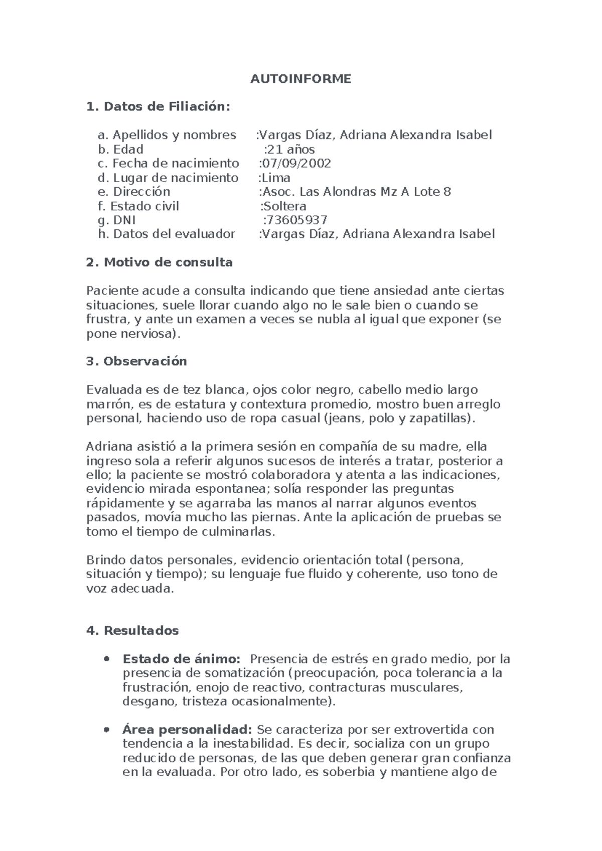 Adriana Vargas Díaz Tarea Autoinforme - AUTOINFORME Datos de Filiación ...