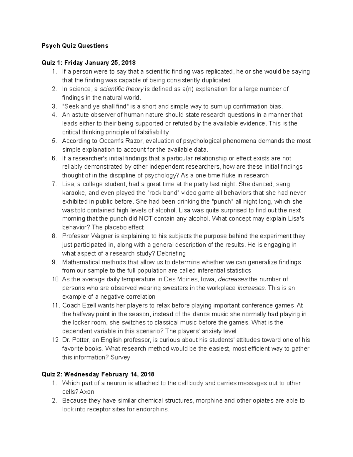 PSYC 100 Quiz Questions - whole year - Psych Quiz Questions Quiz 1 ...