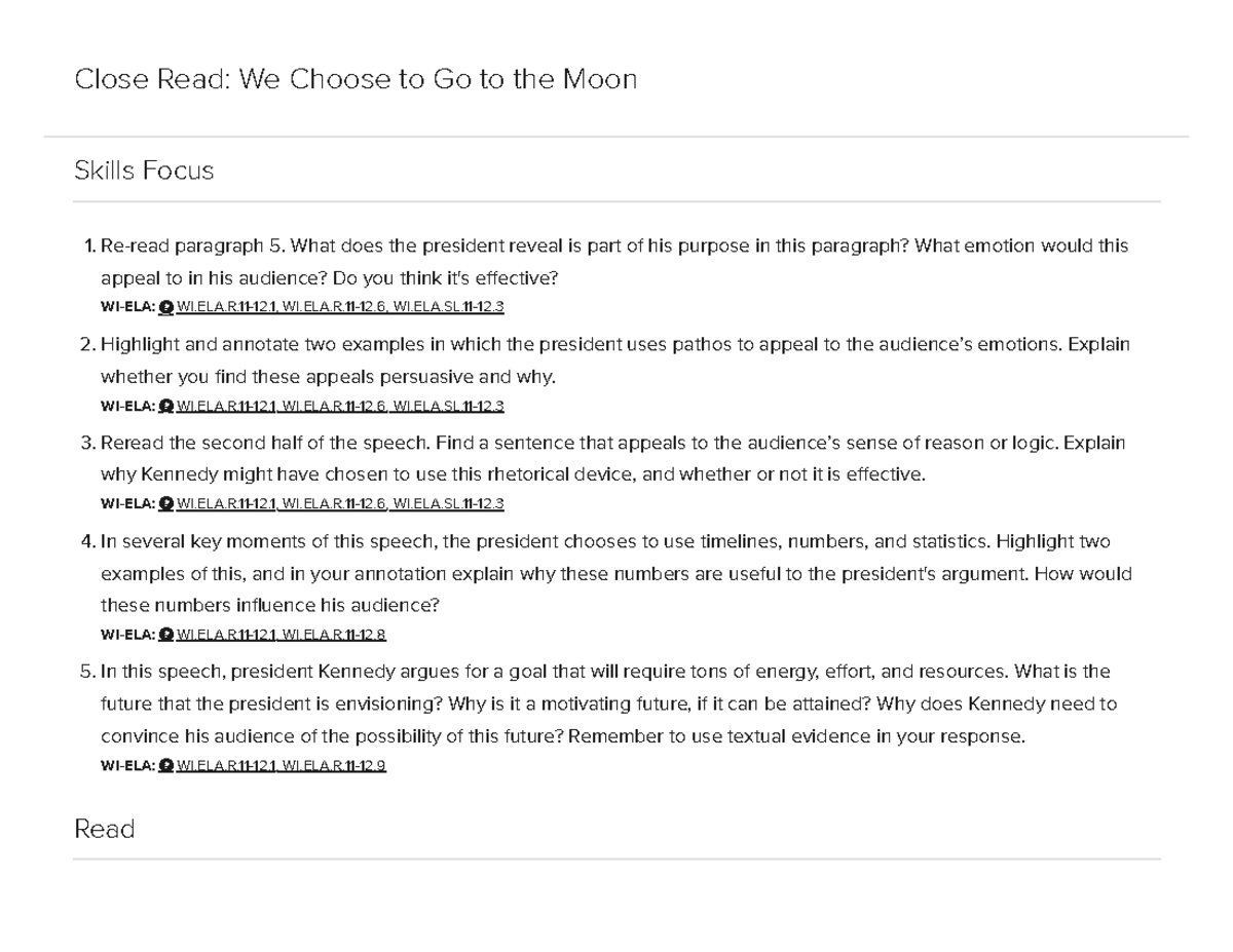 We Choose to go to the Moon - Close Read: We Choose to Go to the Moon ...