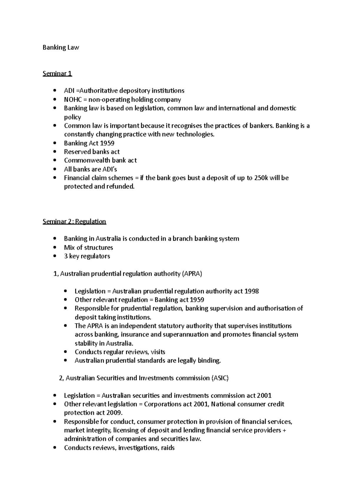 Banking Law - notes - Banking Law Seminar 1 ADI =Authoritative ...
