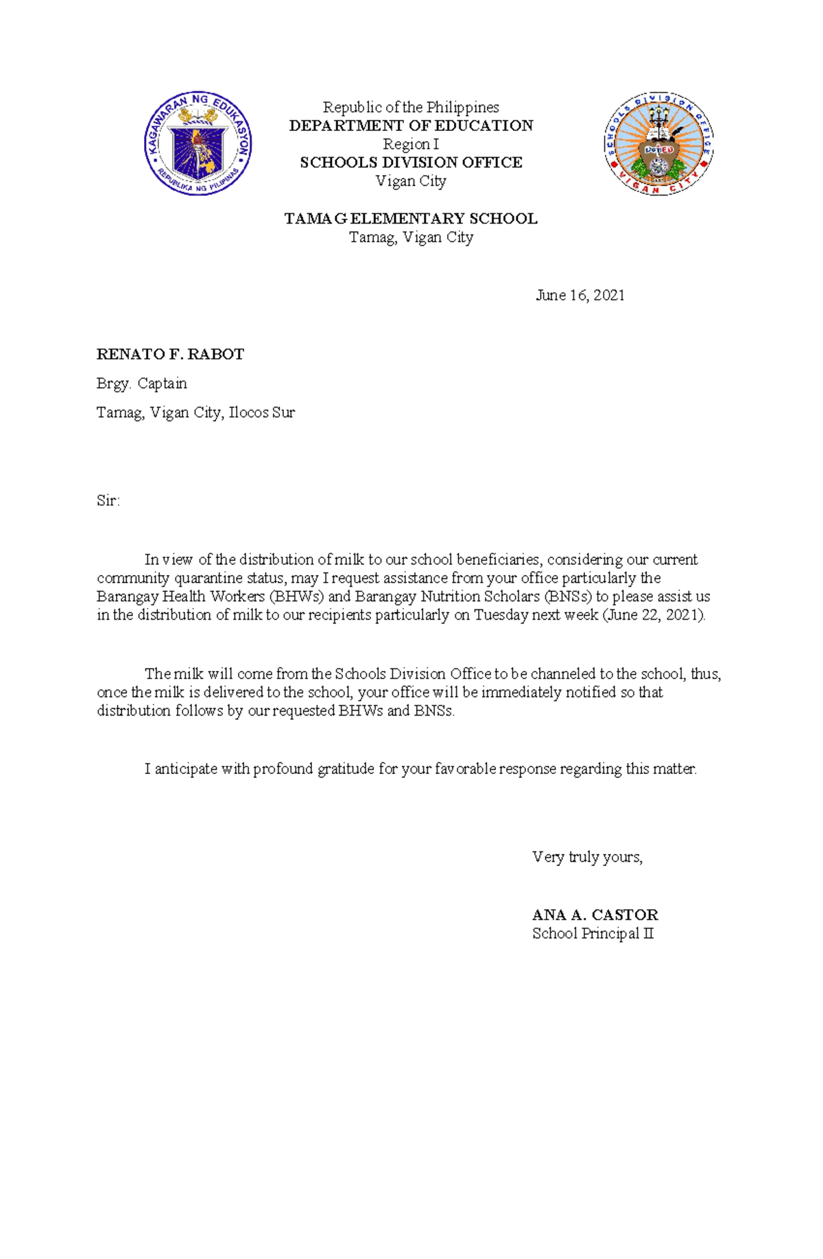 Letter-milk-distribution - Republic of the Philippines DEPARTMENT OF ...