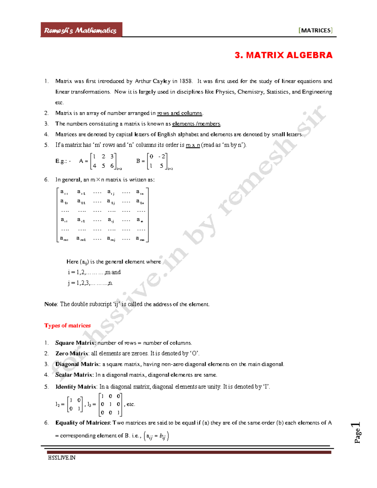 XII Maths Chapt 3 Matrices Section 1 remesh hsslive - Page 1 3. MATRIX ALGEBRA Matrix was first ...