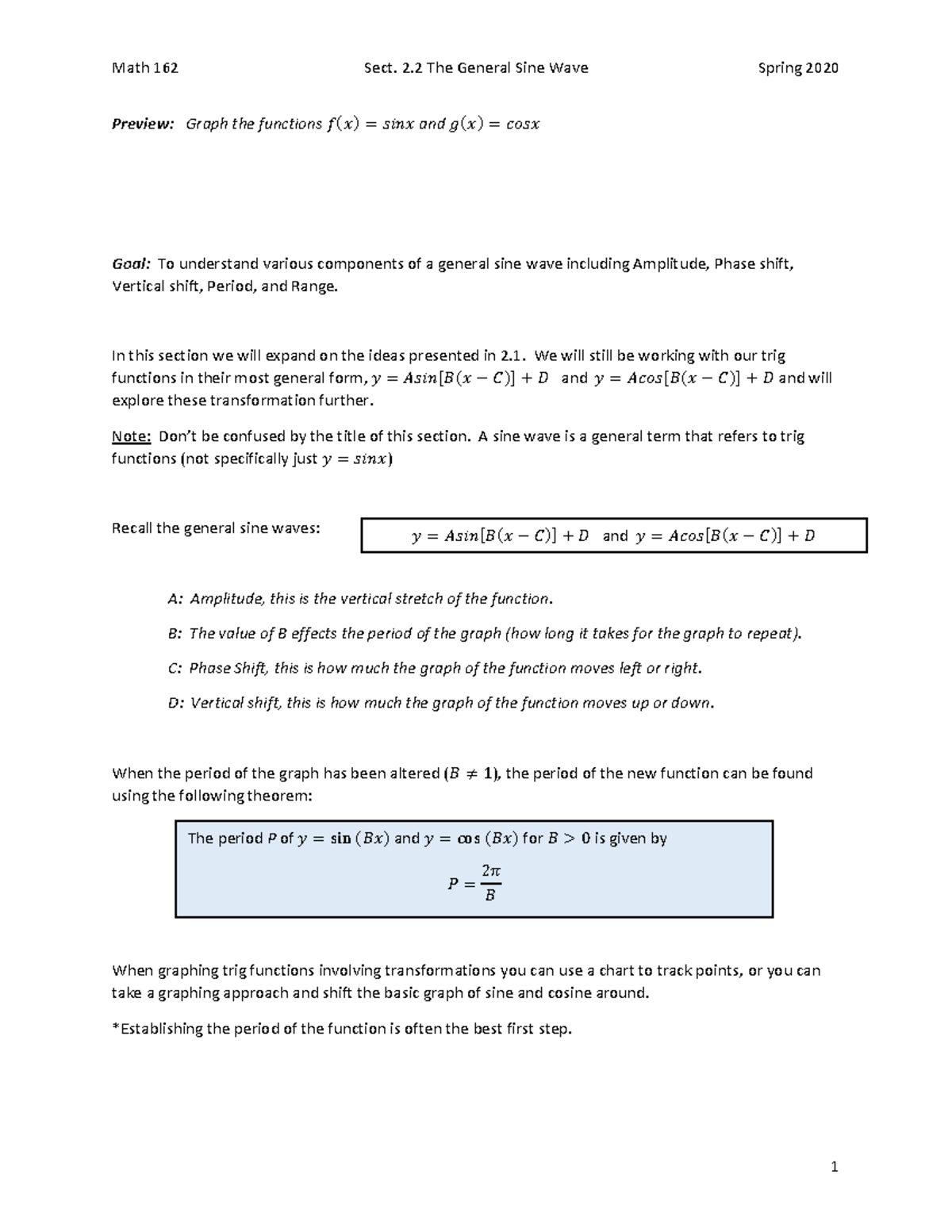 Math 162- Sect. 2.2 Notes - Preview: Graph the functions 𝑓(𝑥)= 𝑠𝑖𝑛𝑥 and ...