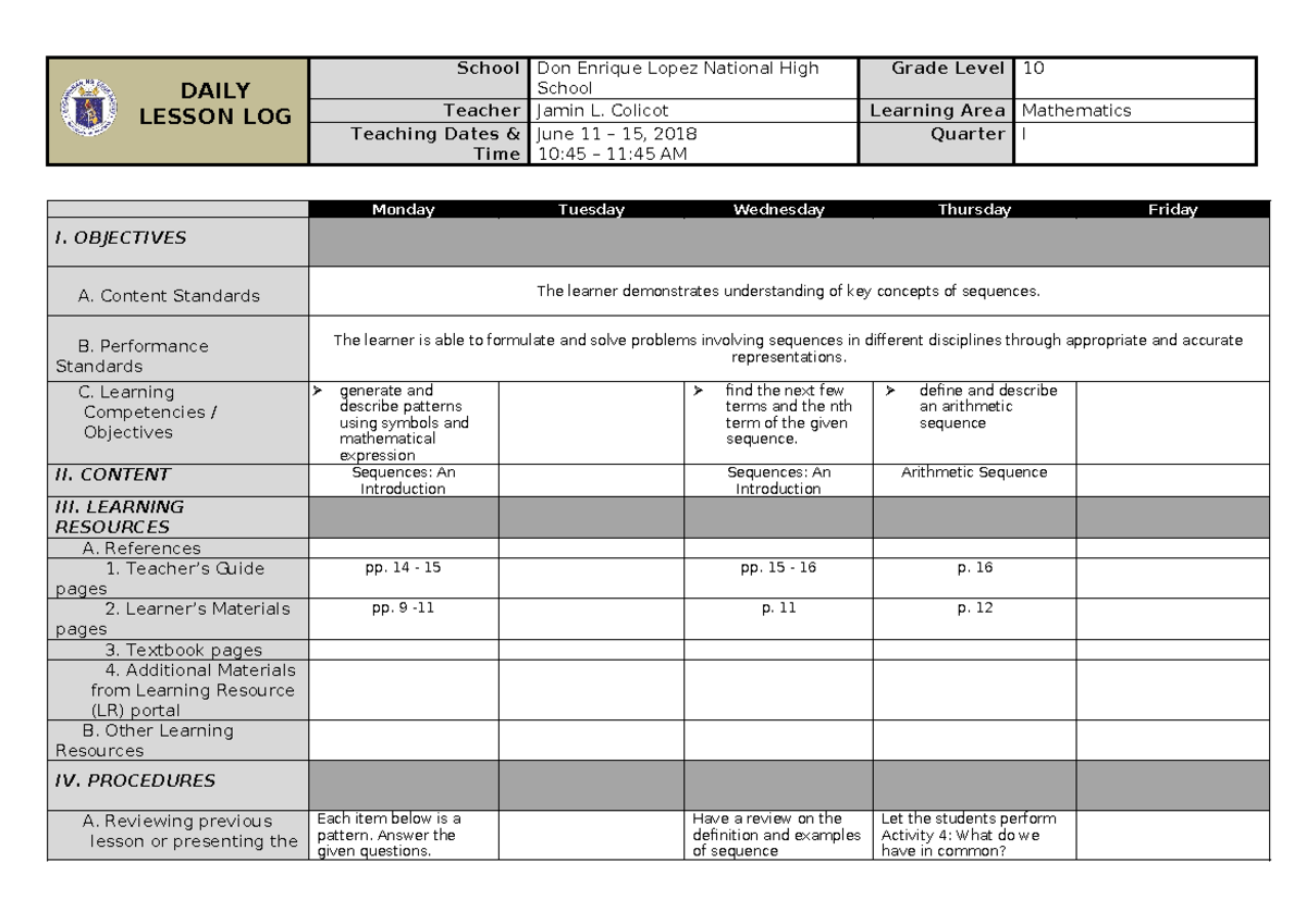 Grade 10 DLL Q1W1 - DAILY LESSON LOG School Don Enrique Lopez National ...