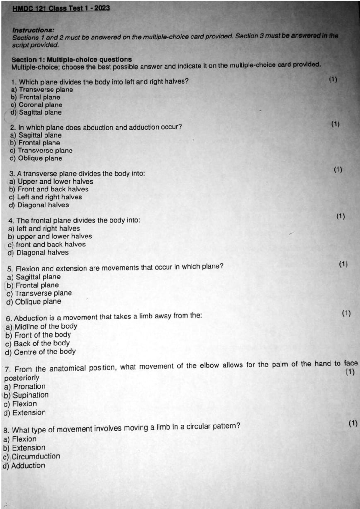HMDC121 Class TEST 1 Introduction to Anatomy and Physiology - HMDC 121 ...