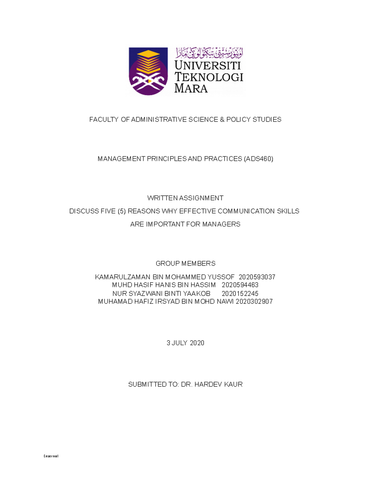 Written Assignment - ADS460 - FACULTY OF ADMINISTRATIVE SCIENCE ...