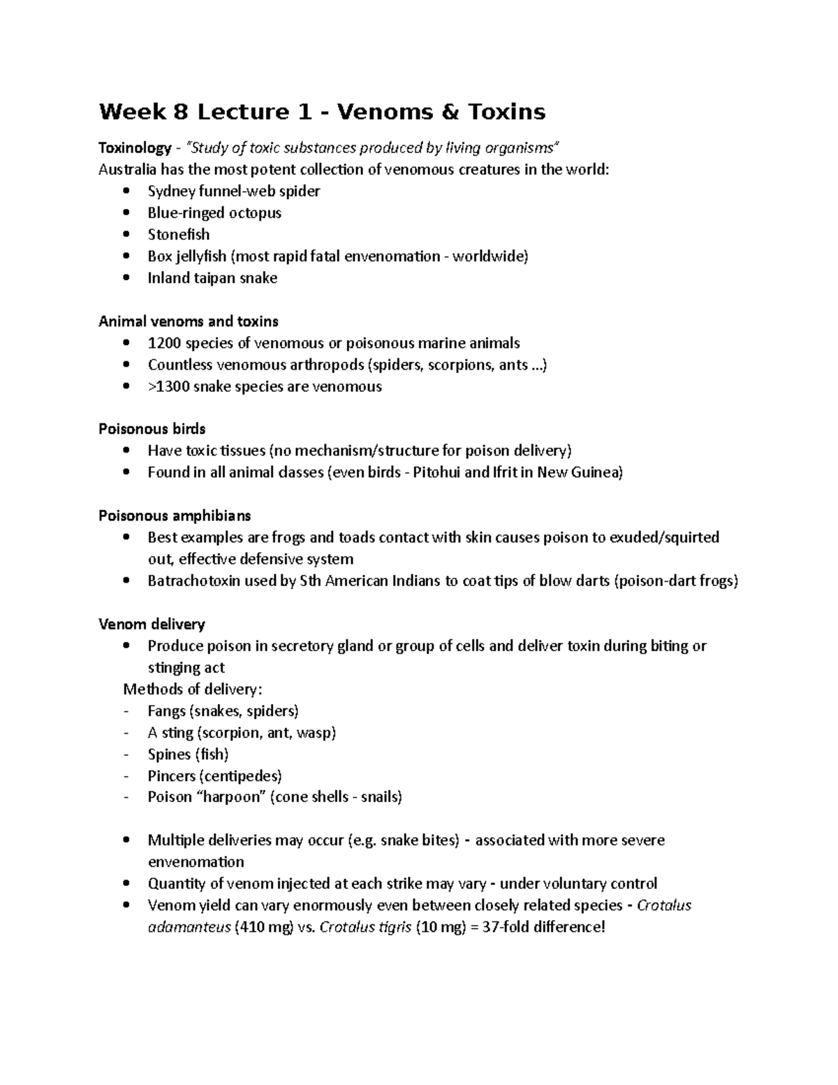 Week 8 - Venoms and Toxins - Week 8 Lecture 1 - Venoms & Toxins ...