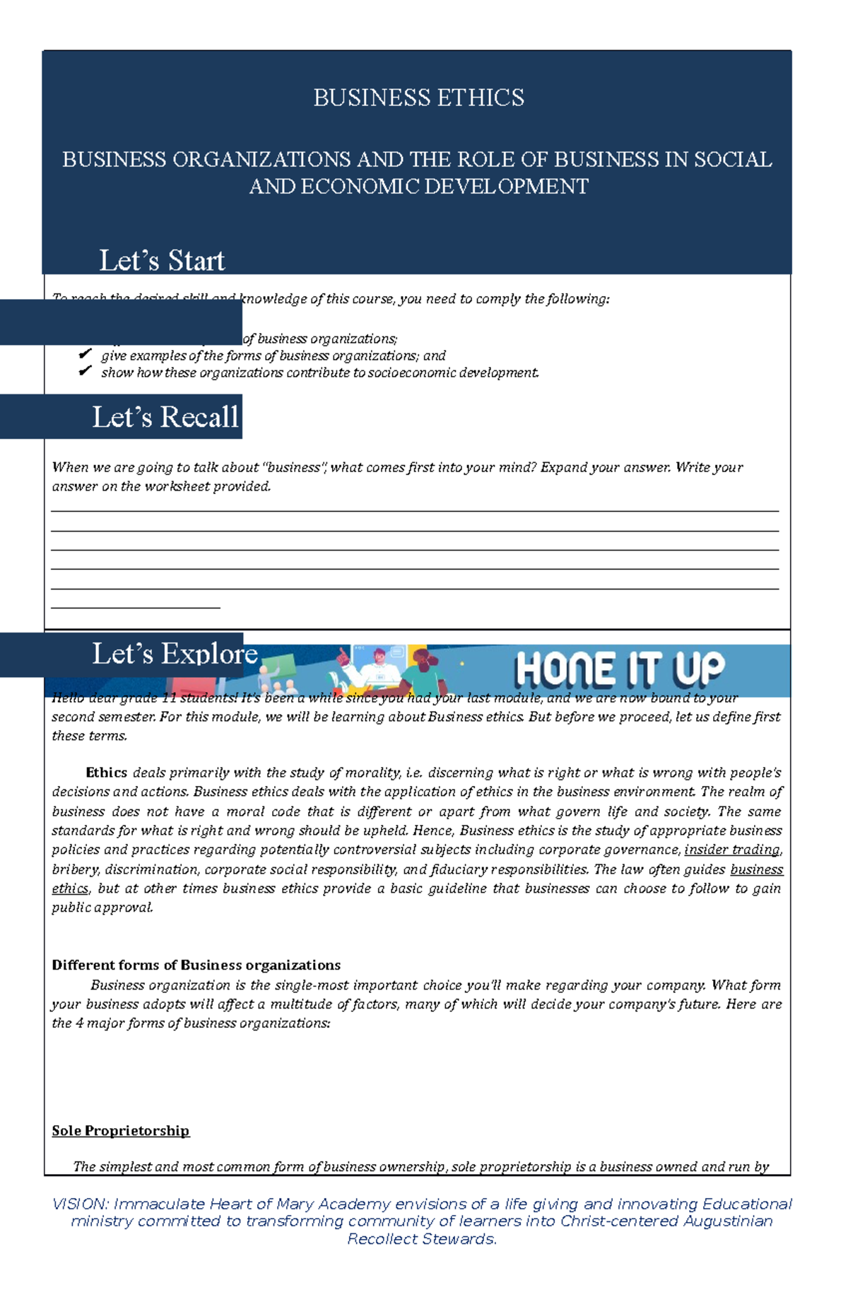 Business Ethics Week 1 - Notes of 2nd sem - To reach the desired skill ...