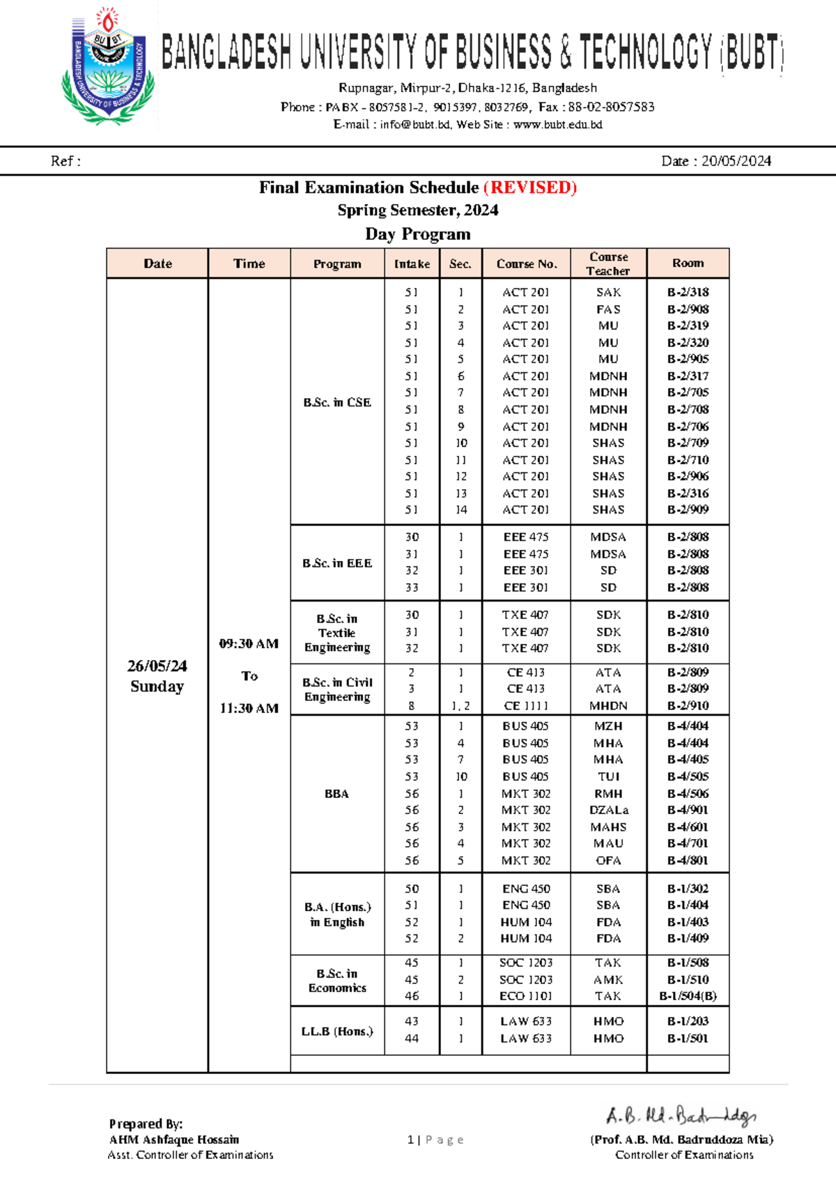 Revised Final Examination Schedule, Spring 2024 (Day Program) - Ref : Date : 20 / 05 /20 24 ...