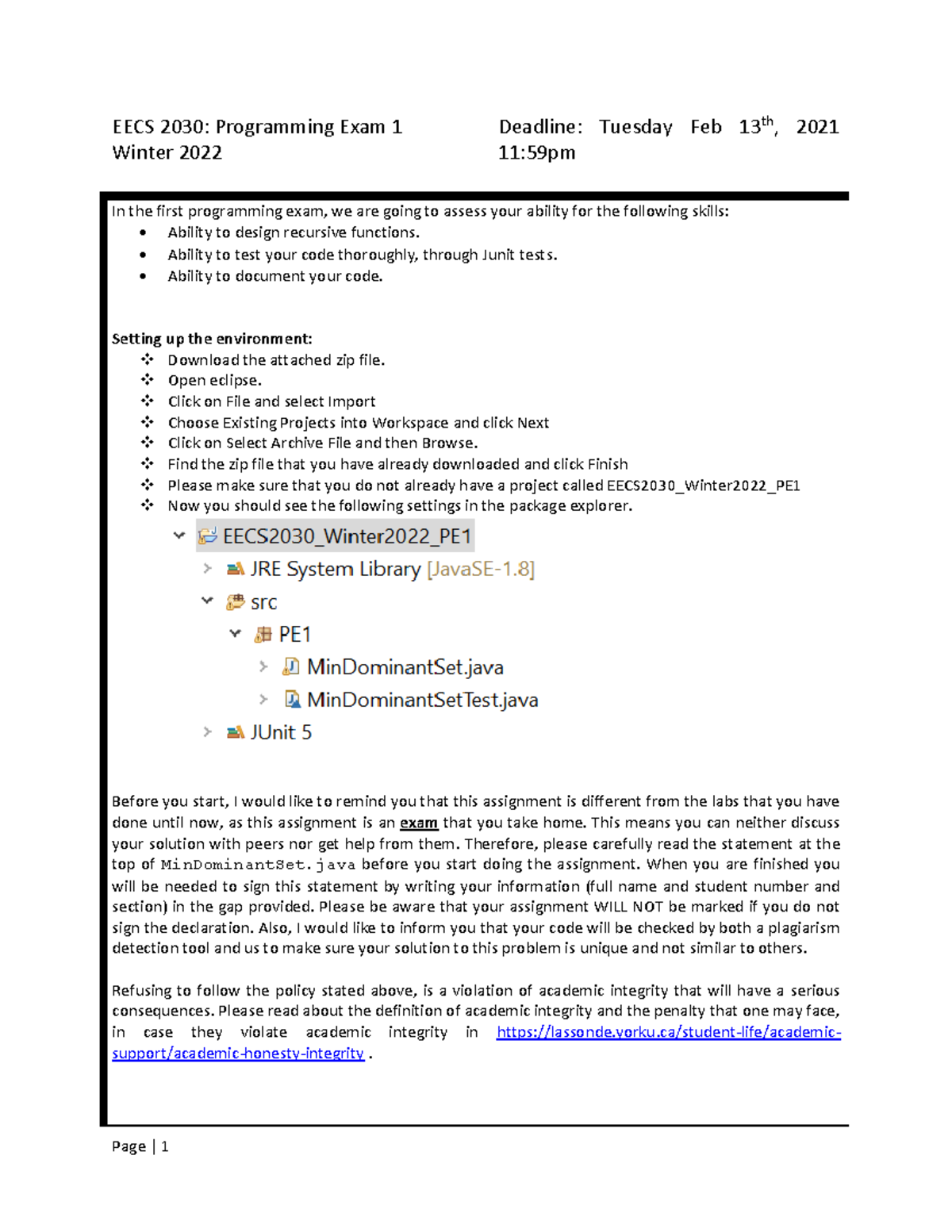 PE1 - Programming Exam 1 - 2030 - MA - EECS 2030: Programming Exam 1 Winter 2022 Deadline ...