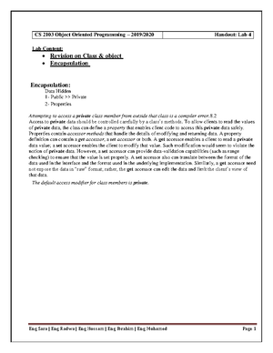 OOP LAB (1) -2CS - OOP LAB (1) -2CS - CS 2103 Object Oriented Programming – 2019/2020 Handout ...