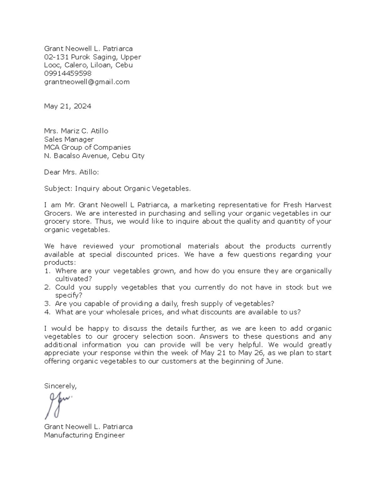 Inquiry Letter - Grant Neowell L. Patriarca 02-131 Purok Saging, Upper ...