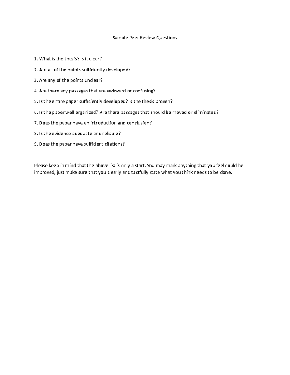 Sample Peer Review Questions - What is the thesis? Is it clear? 2. Are ...