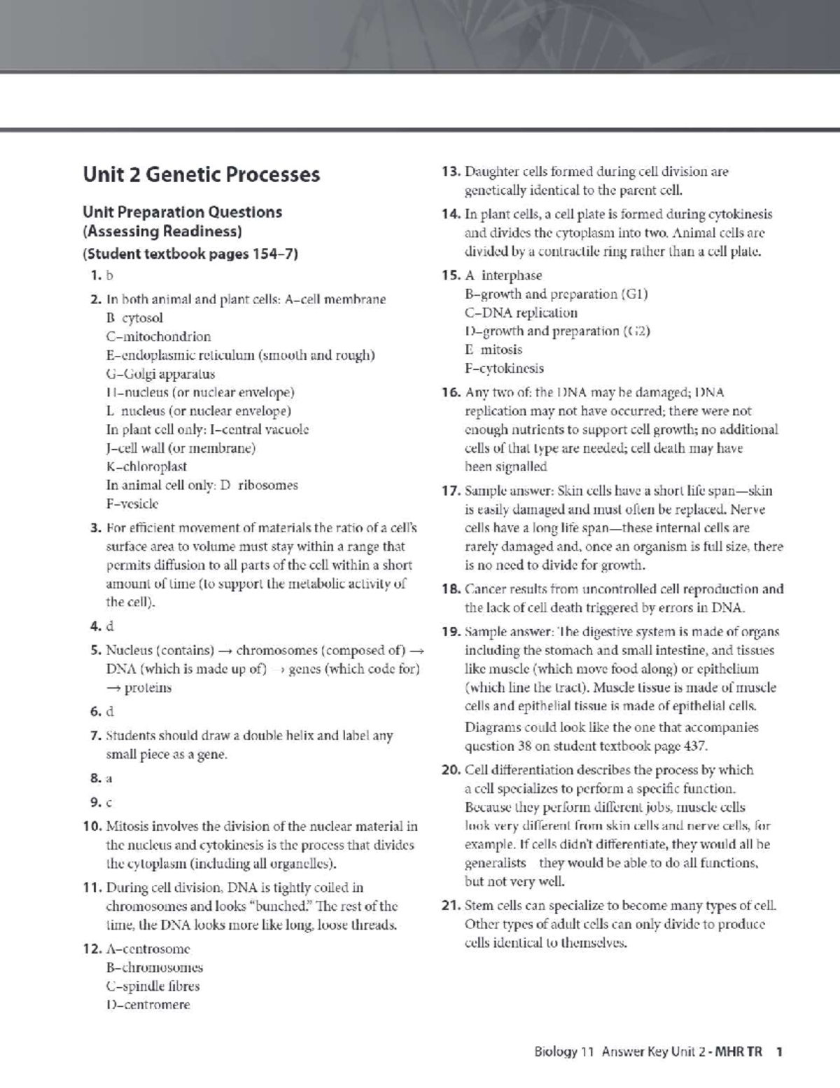 Unit 2 - Genetics Answer Key - Biology 11 - Studocu