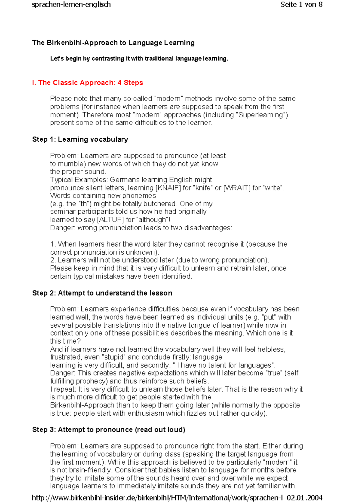 Method English - Lecture notes 1 - Seite 1 von 8 The to Language ...