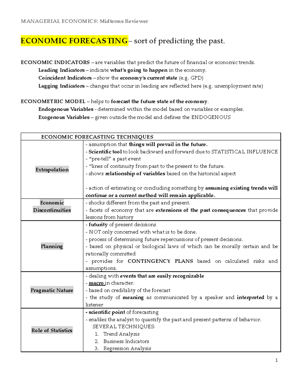 Economics Midterm Reviewer - ECONOMIC FORECASTING– sort of predicting ...