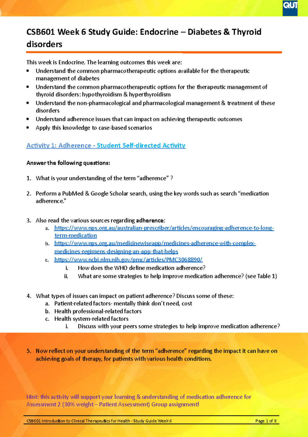 CSB601 Study Guide Week 6 Endocrine diabetes thyroid 2023s1 SV - CSB601 ...