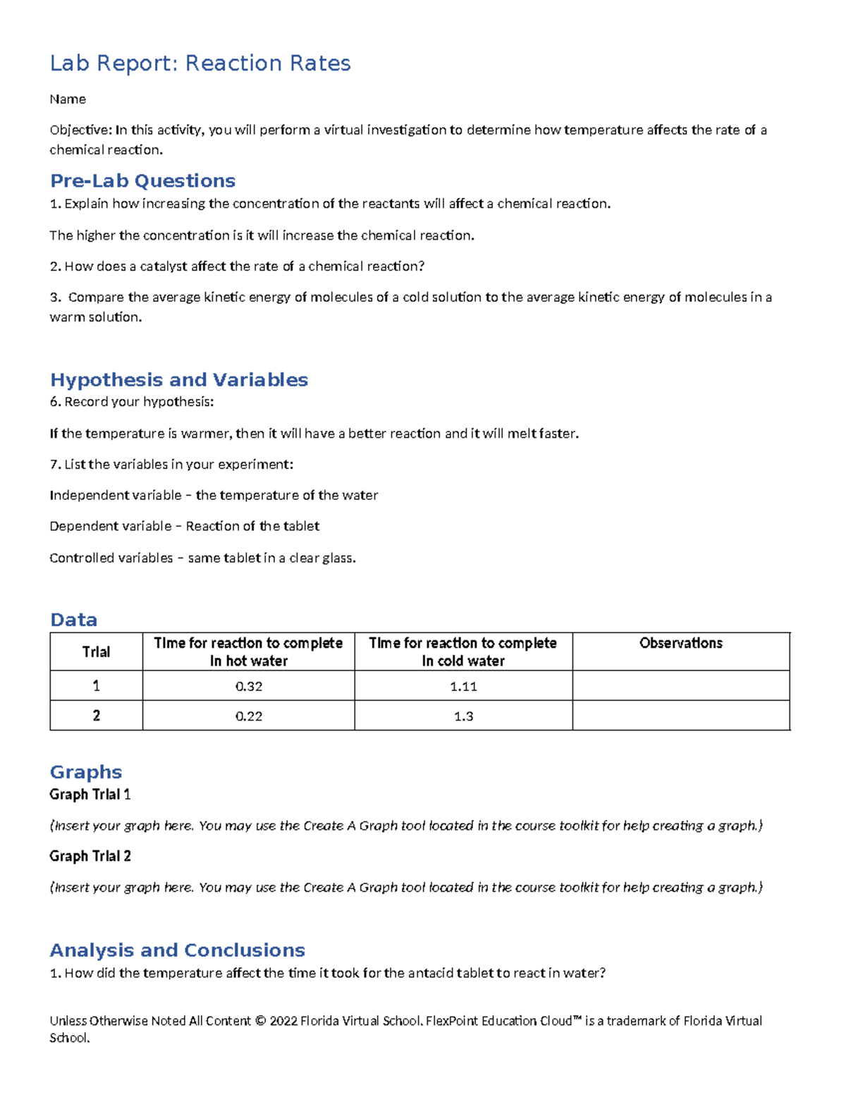 Lab report - physical science - Lab Report: Reaction Rates Name ...