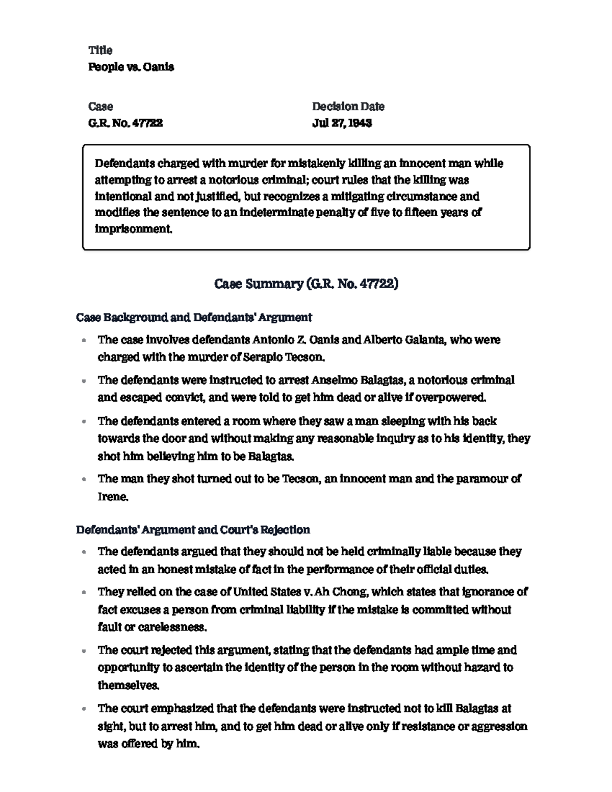 Case Summary G.R. No. 47722 - People vs. Oanis - Title People vs. Oanis ...