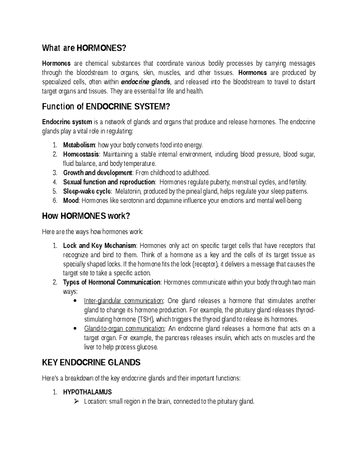 Hormones - Lecture notes - What are HORMONES? Hormones are chemical ...