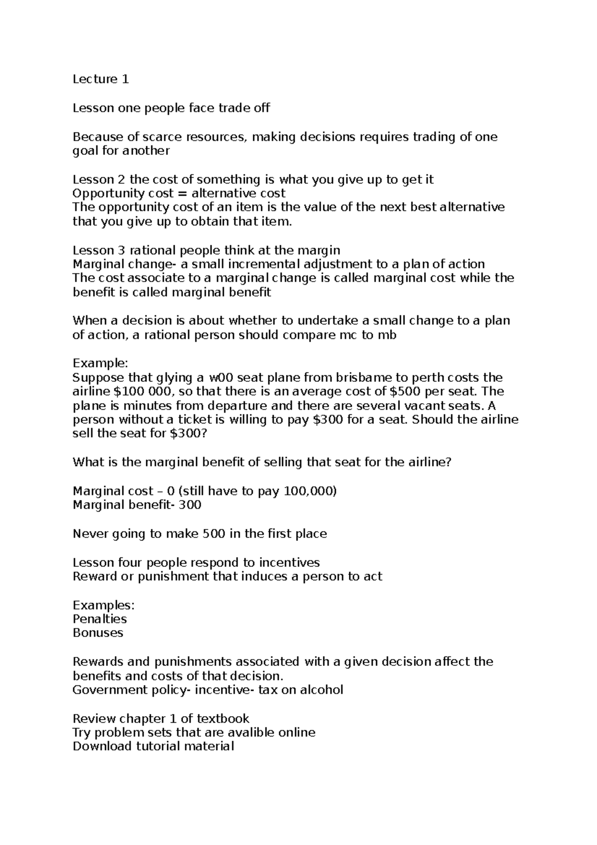 Economics lecture 1 - Lecture 1 Lesson one people face trade off ...