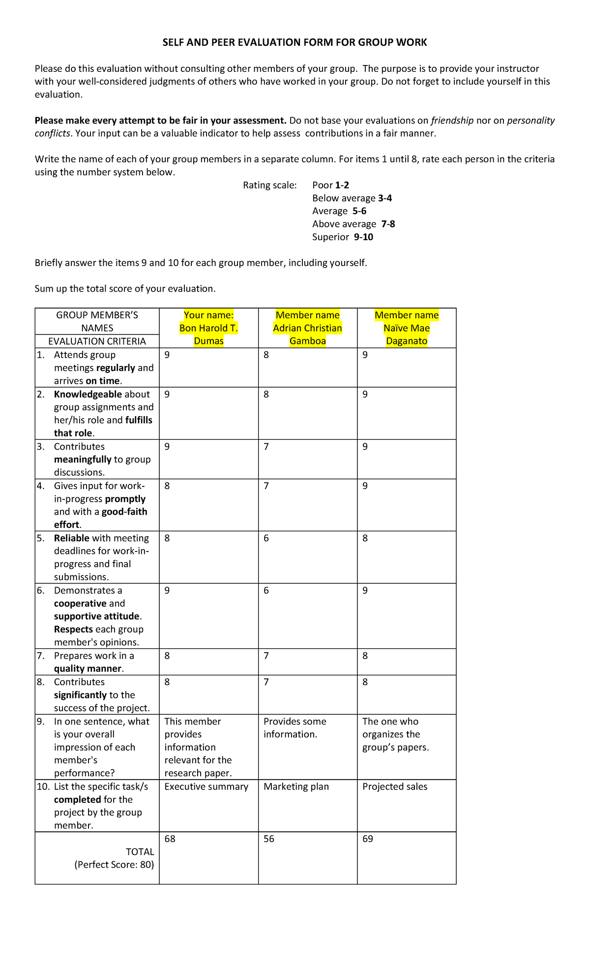 SELF-AND-PEER- Evaluation-2019 - SELF AND PEER EVALUATION FORM FOR ...