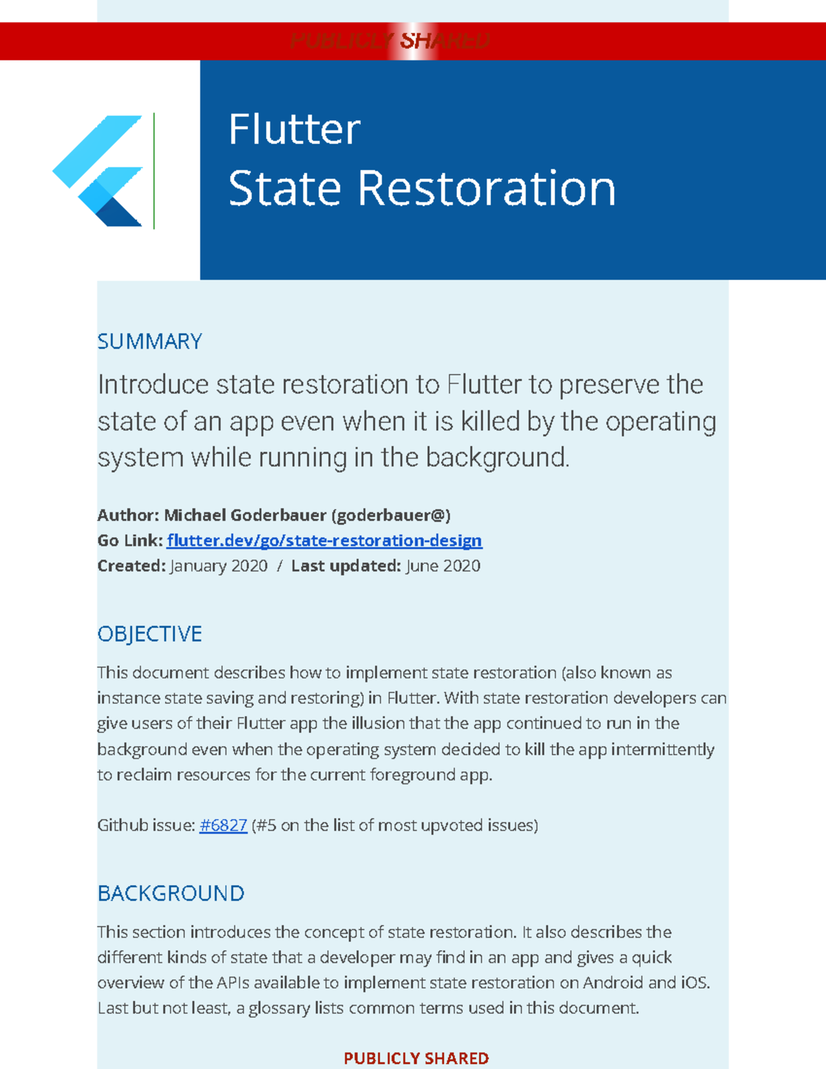 State Restoration ( Publicly Shared) - SUMMARY Introduce state restoration to Flutter to ...