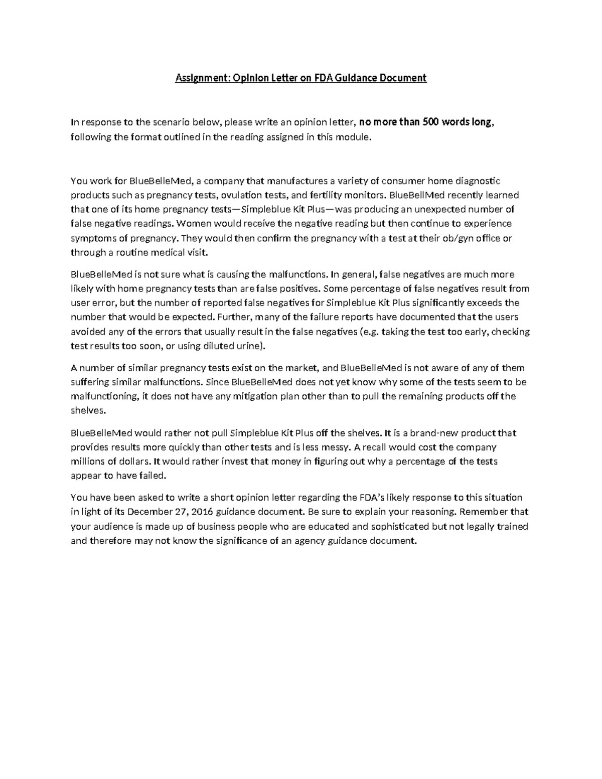 Admin Law Assignment Guidance Doc1 - Assignment: Opinion Letter on FDA ...