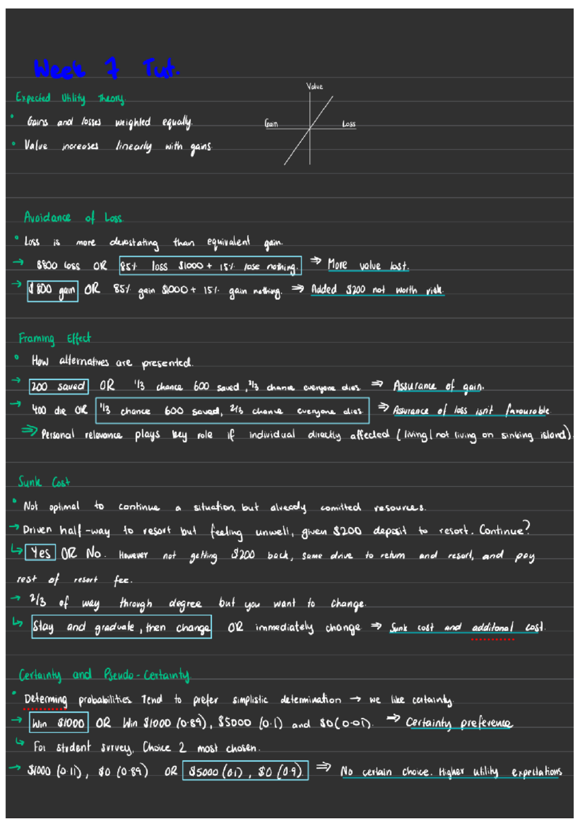 Tut notes - Week 7 Tut. Value Expected Utility Theory Gains and losses ...
