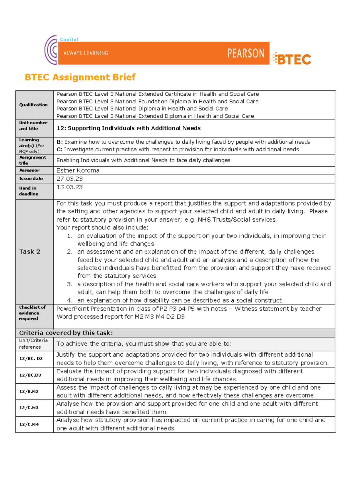 Unit 12 Assignment Brief - BTEC Assignment Brief Qualification Pearson ...