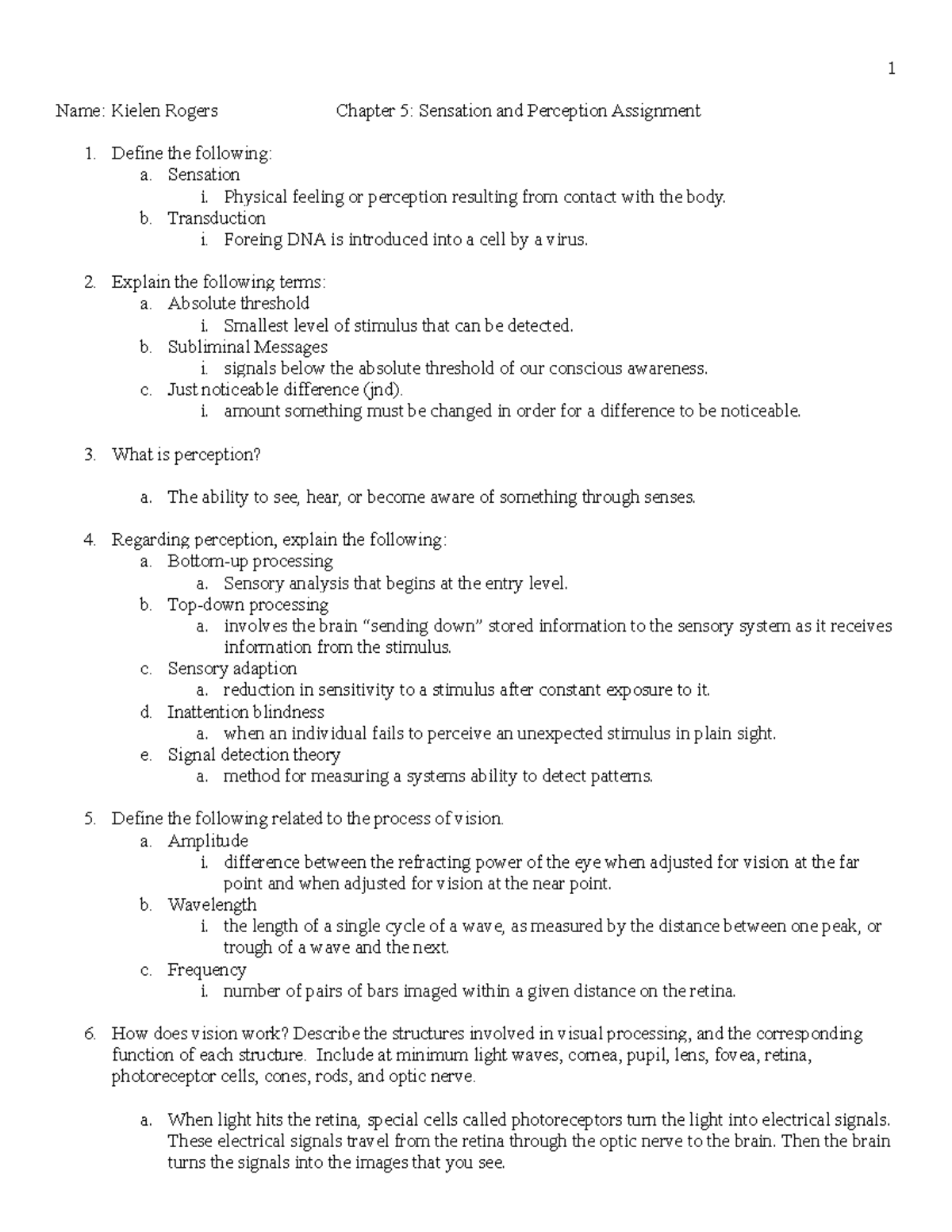 Psychology 101: Intro to Psychology Chapter 5 Assignment Sensation ...