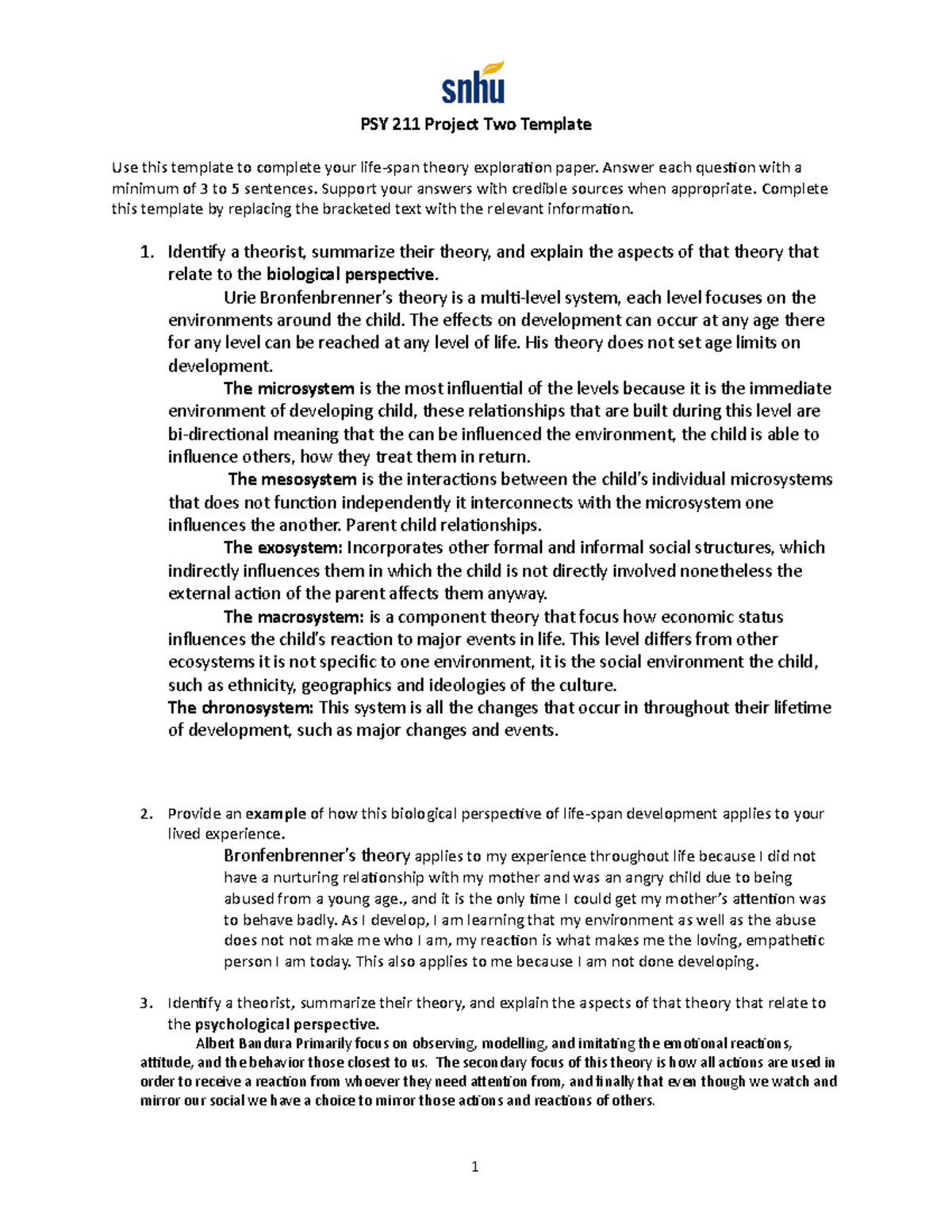 Project Two PSY 211 - PSY 211 Project Two Template Use this template to complete your life-span ...