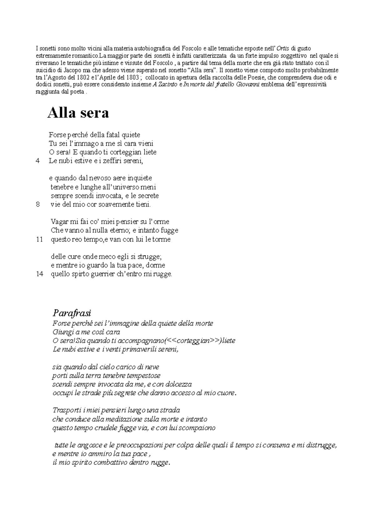 Alla sera - I sonetti sono molto vicini alla materia autobiografica del ...