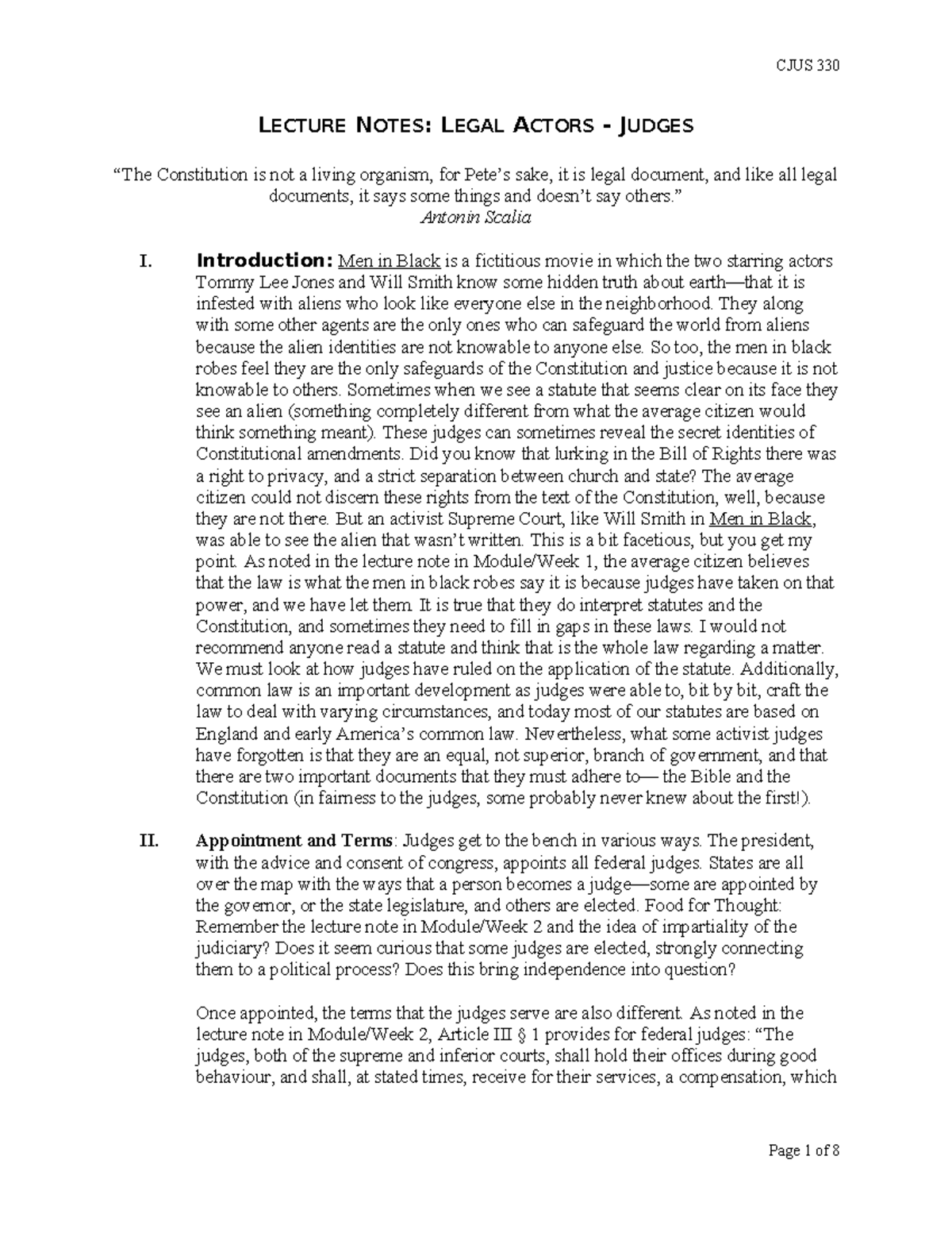 Lecture Notes Legal Actors - Judges - LECTURE NOTES: LEGAL ACTORS ...