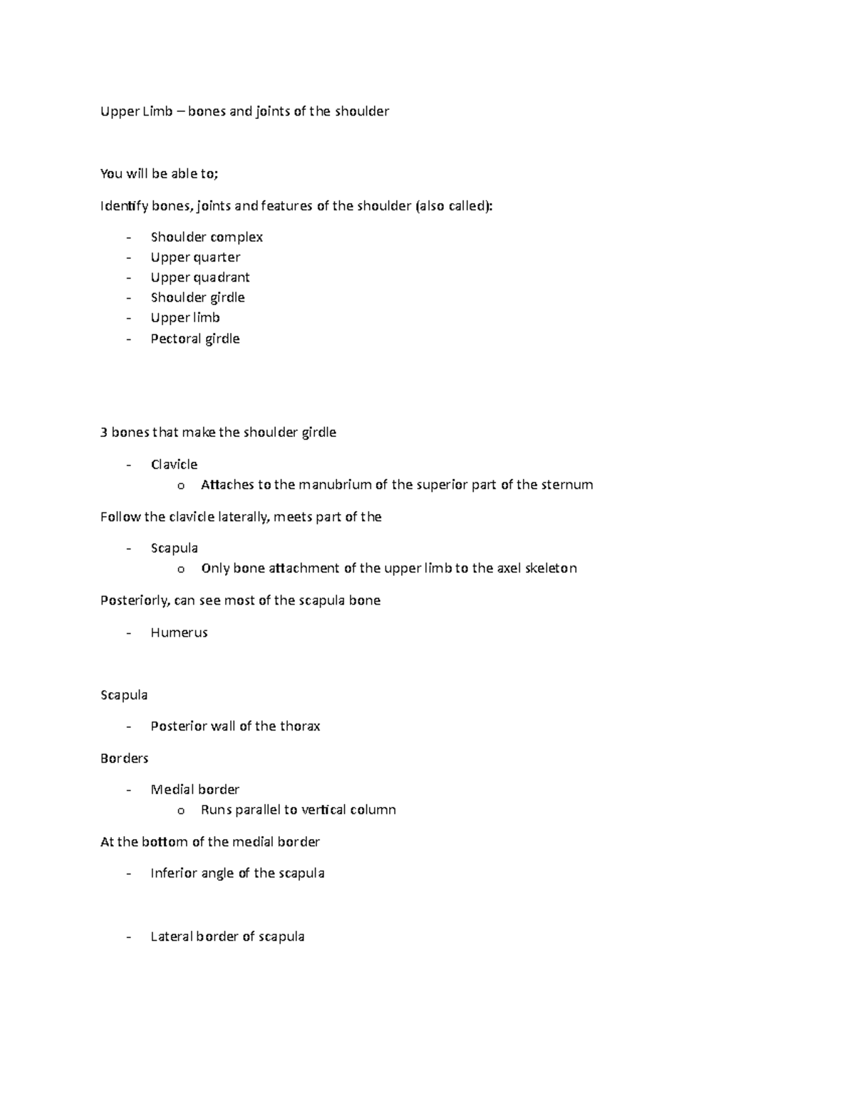 Lecture notes Human anatomy 100 - Upper Limb – bones and joints of the ...