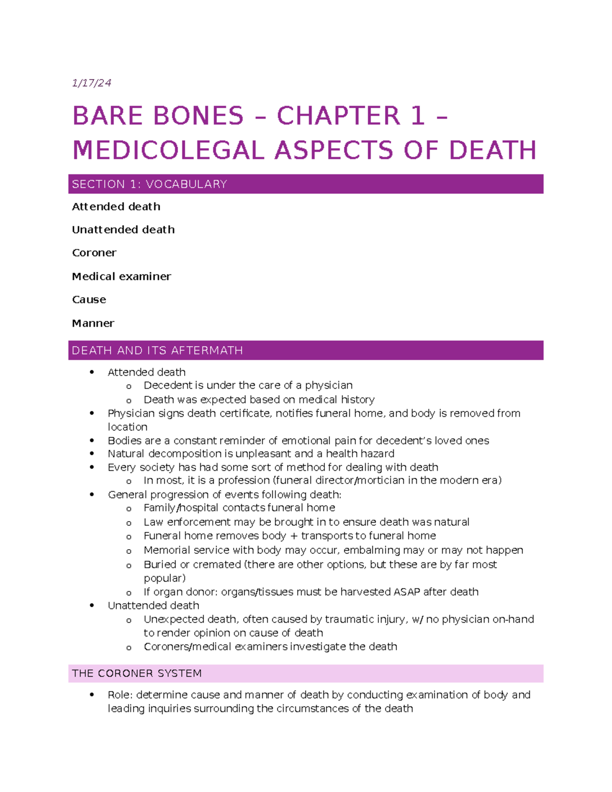 Bare Bones - Chapter 1 Outline - 1/17/ BARE BONES – CHAPTER 1 – MEDICOLEGAL ASPECTS OF DEATH ...