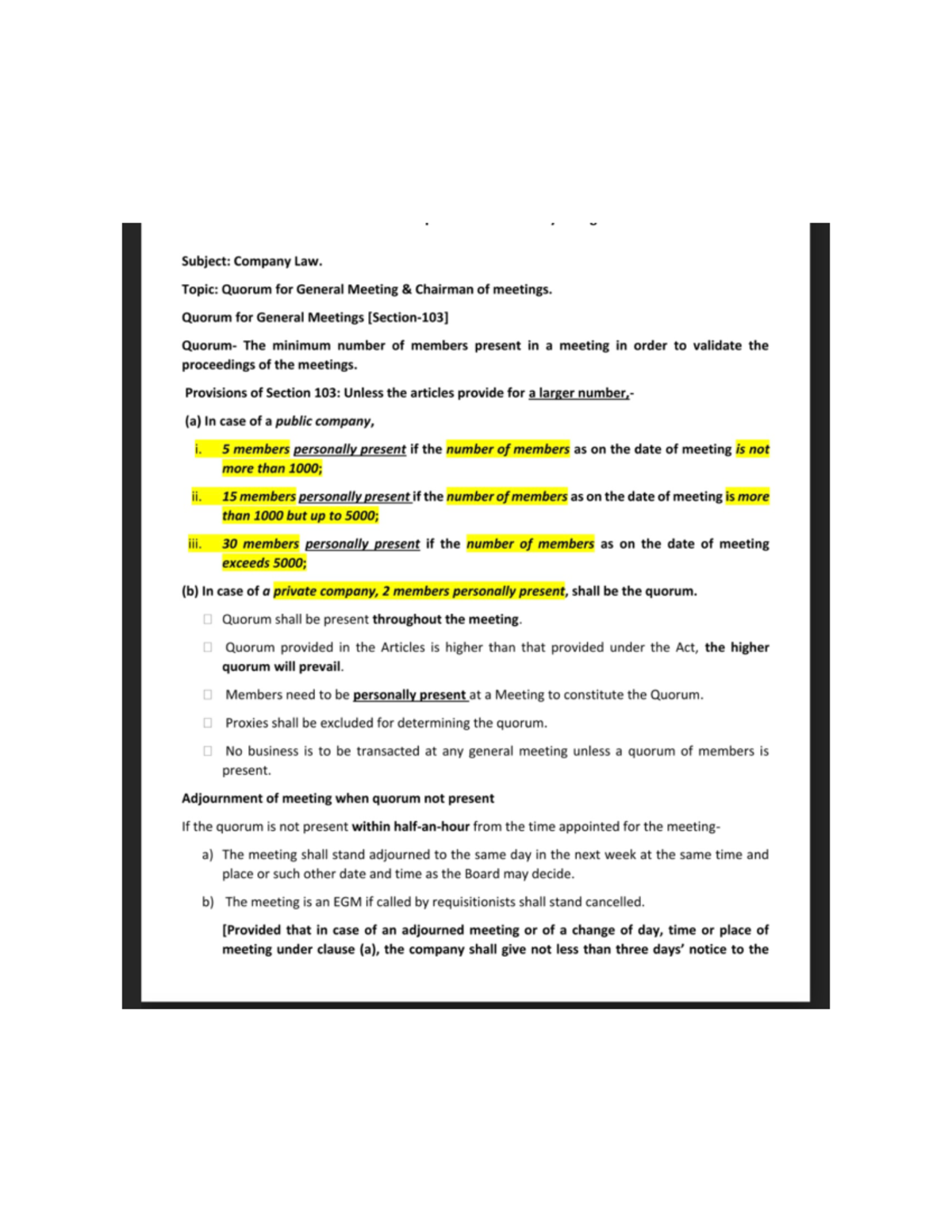 Quorum - Company Law - Studocu