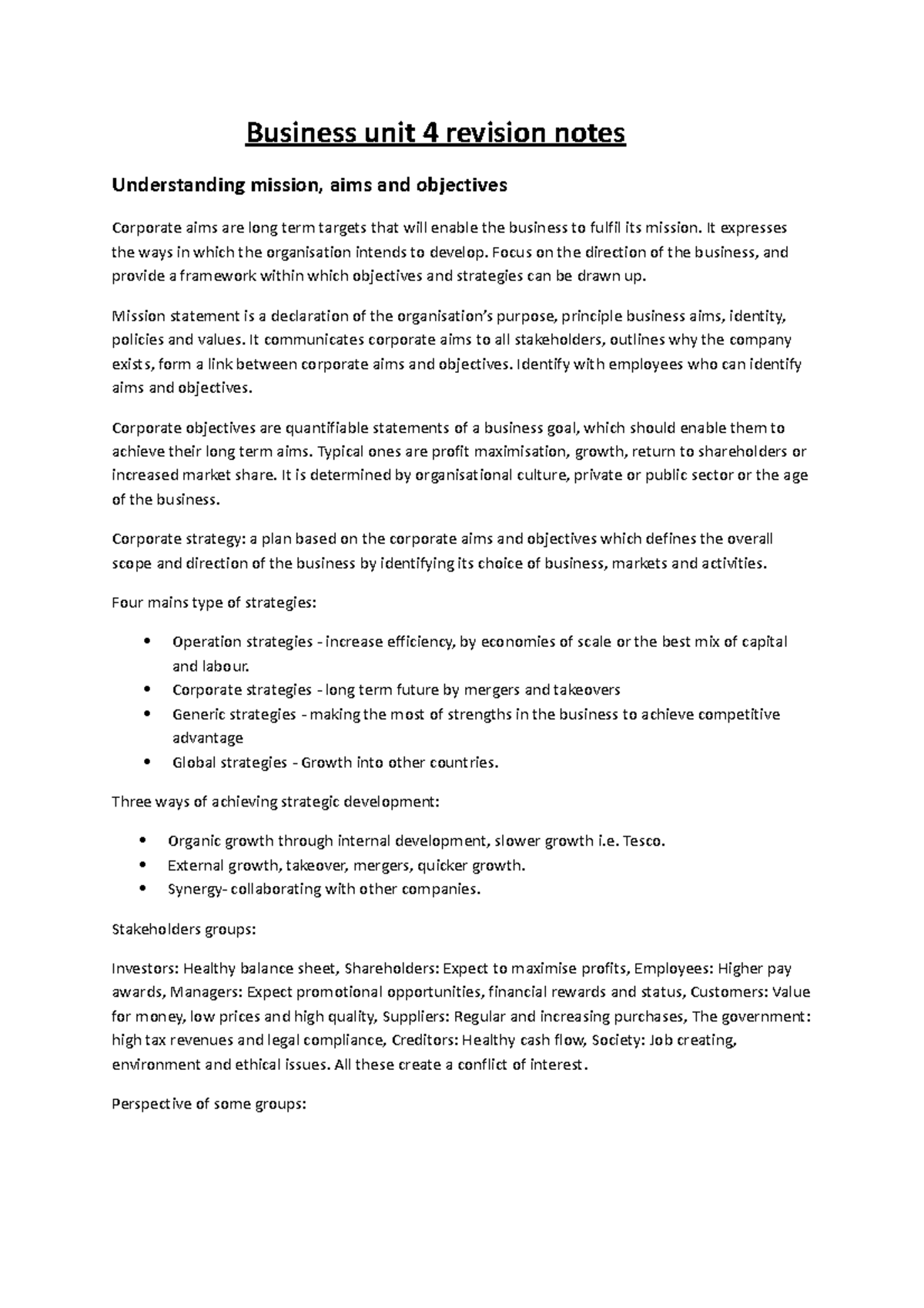 Business unit 4 revision notes - Business unit 4 revision notes ...