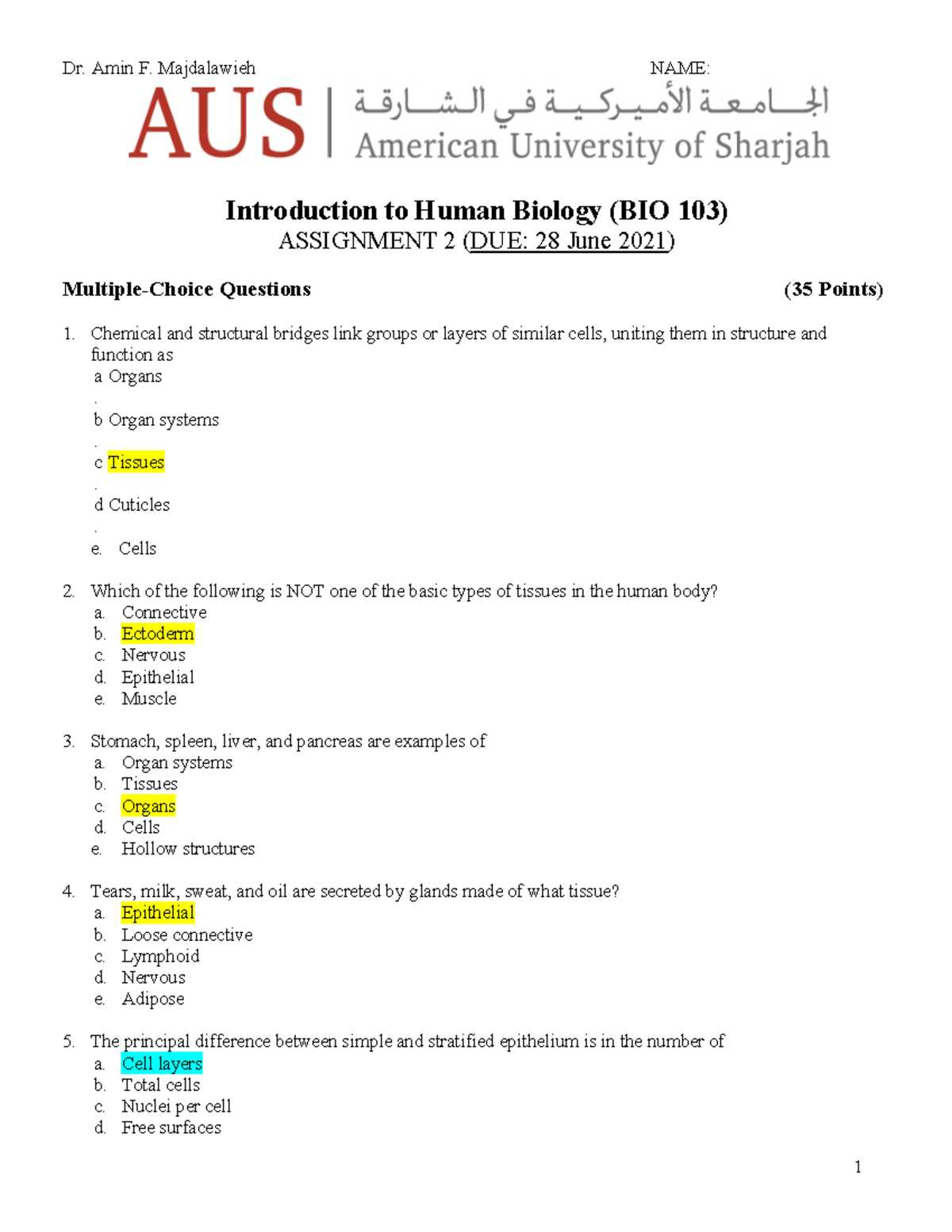 Assignment 2 BIO 103-1 - imp - Introduction to Human Biology (BIO 103 ...