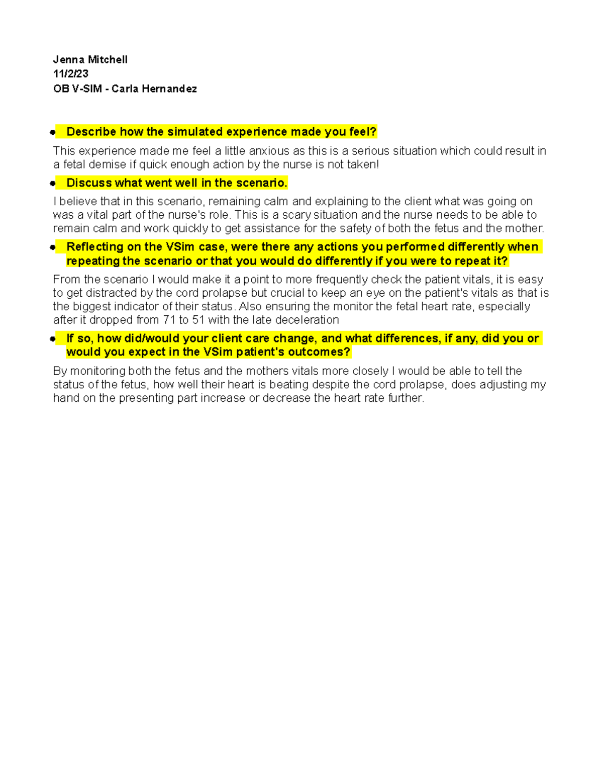 VSIM - Carla Hernandez - VSIM - Jenna Mitchell 11/2/ OB V-SIM - Carla ...