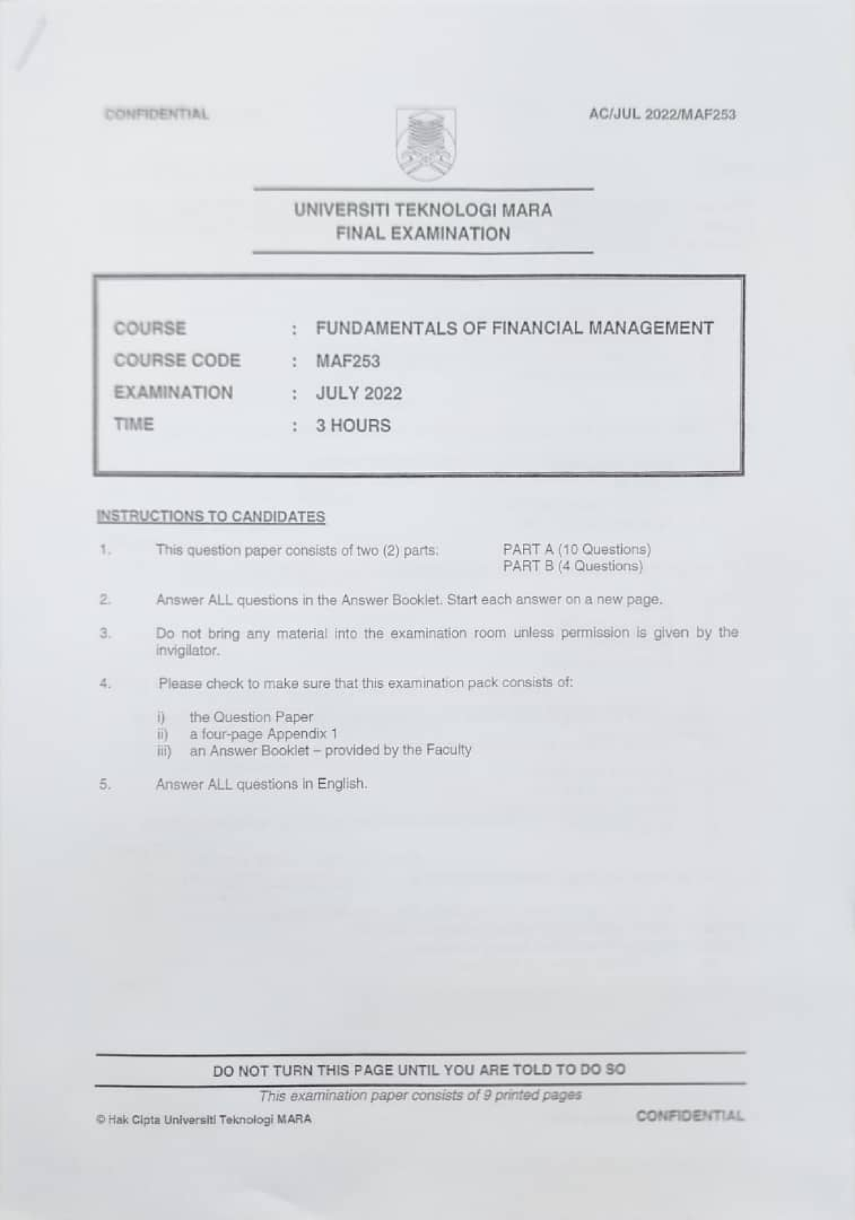 MAF253 Q JUL 2022 - buat latihan - Financial Management - Studocu