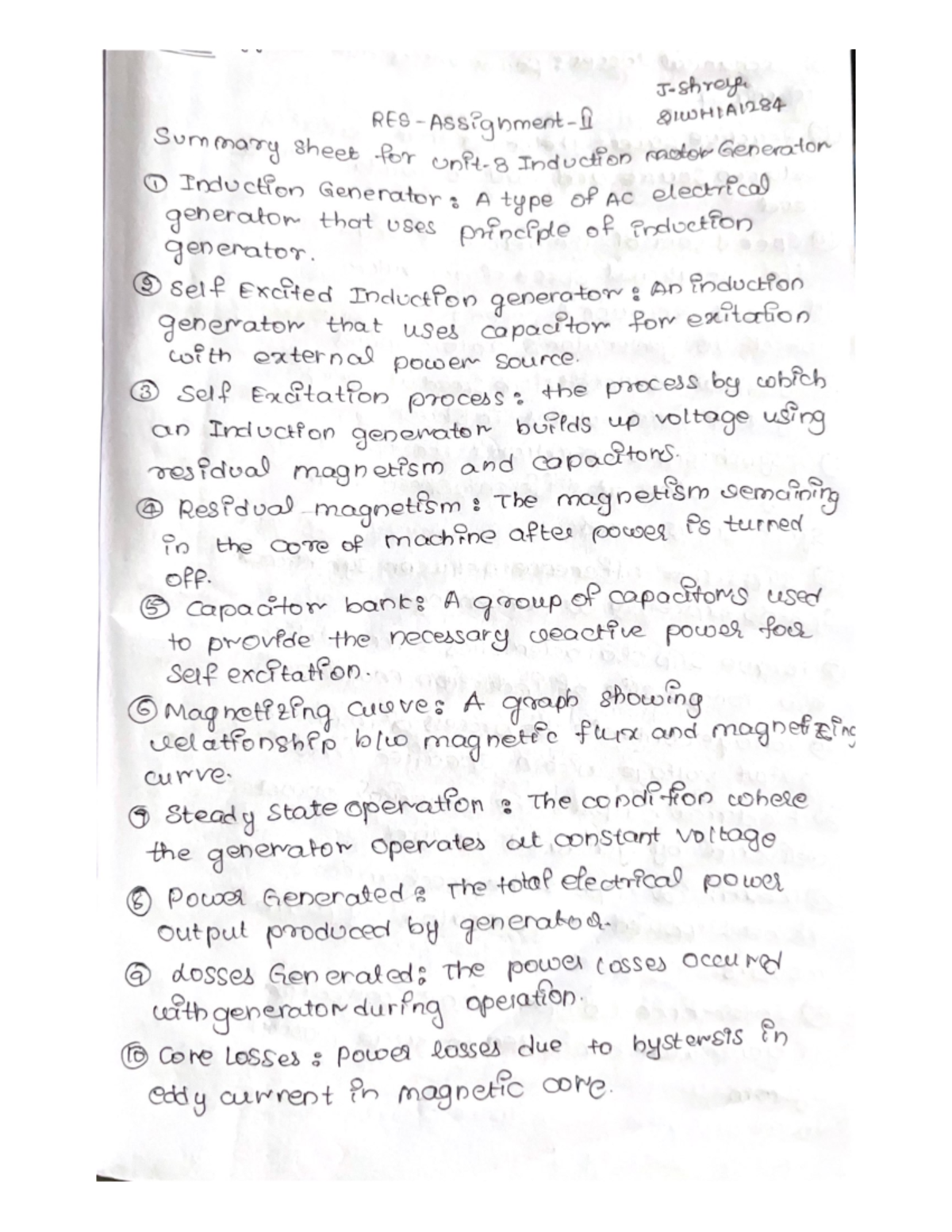 RES Assignment - II 81WHIA1284 Summary sheet for Induction motor Generator Induction Generator ...