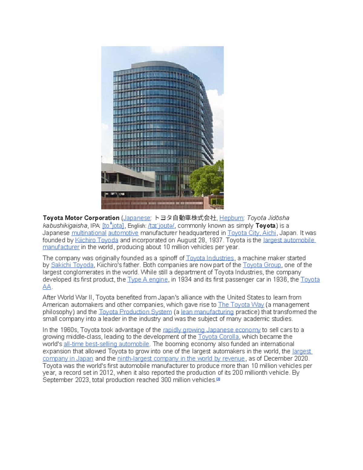 Toyota Motor Corporation - It was founded by Kiichiro Toyoda and ...