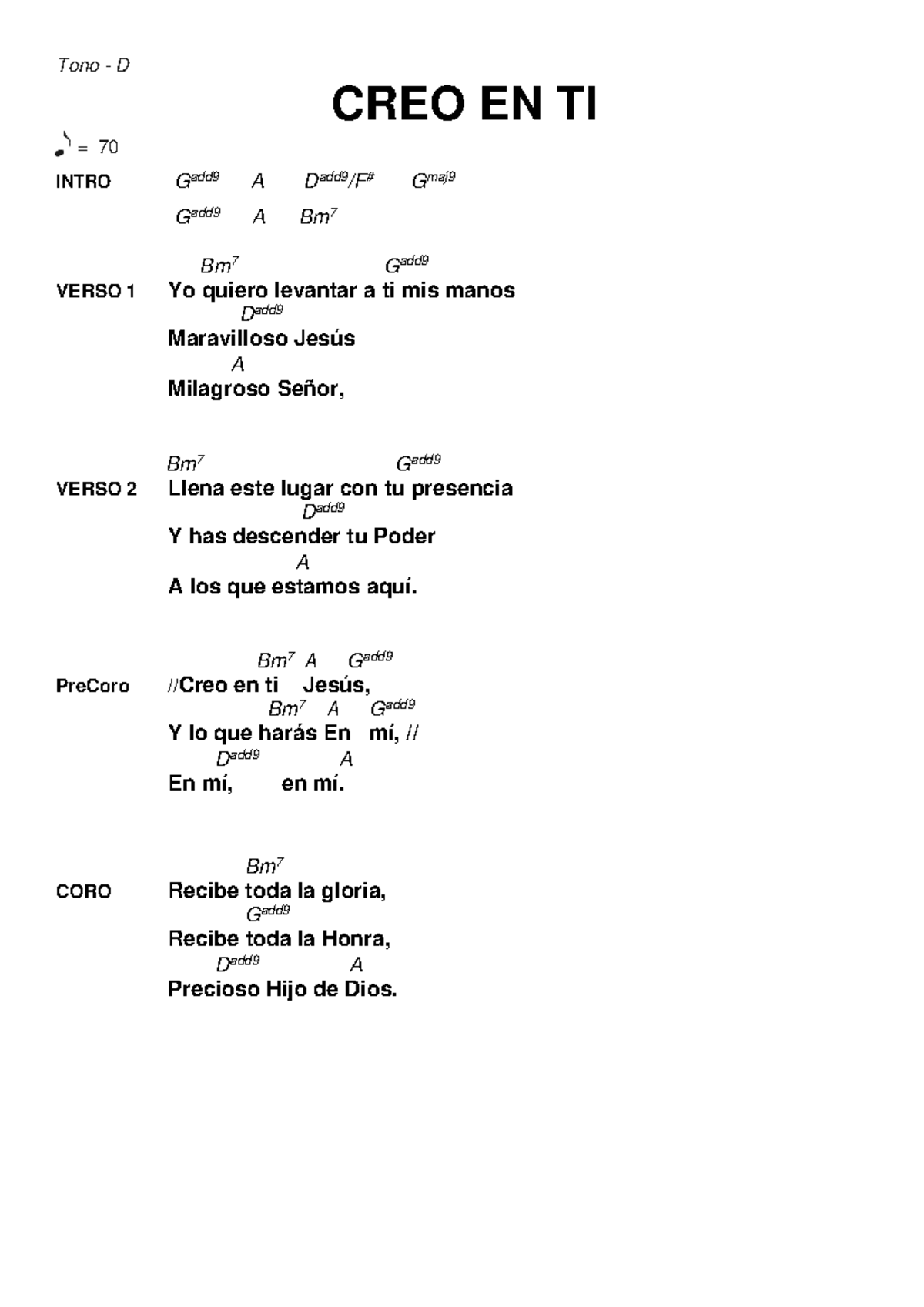Creo en ti - Acordes D - Tono - D = 70 CREO EN TI INTRO Gadd9 A Dadd9 ...