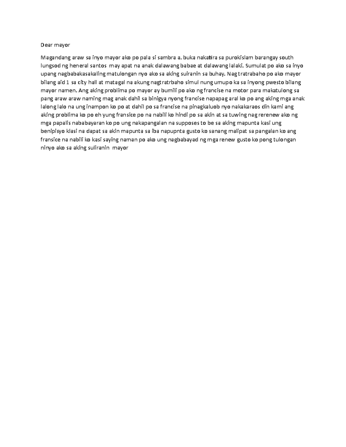 Exam 16 May 2019, questions and answers - Dear mayor Magandang araw sa ...