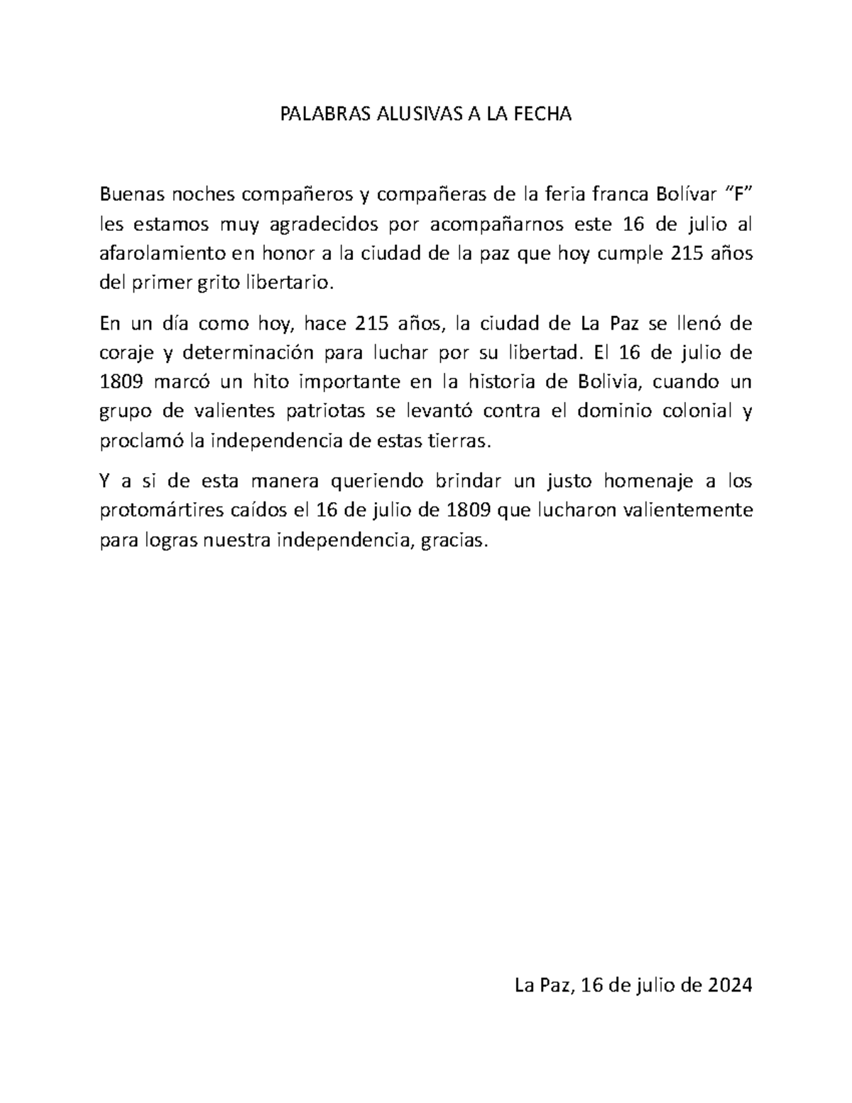 Palabras Alusivas A LA Fecha - PALABRAS ALUSIVAS A LA FECHA Buenas noches compañeros y ...