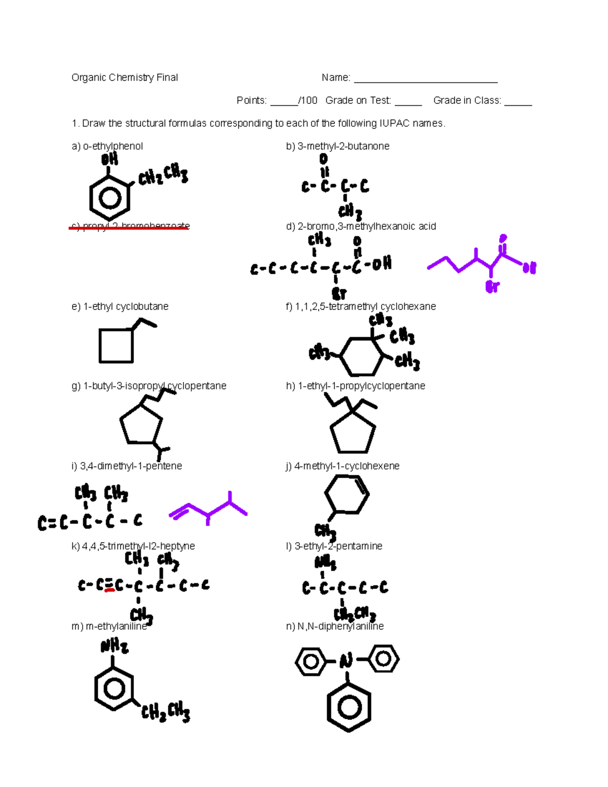 Ochemistry Review - Organic Chemistry Final Points: _____/100 Name