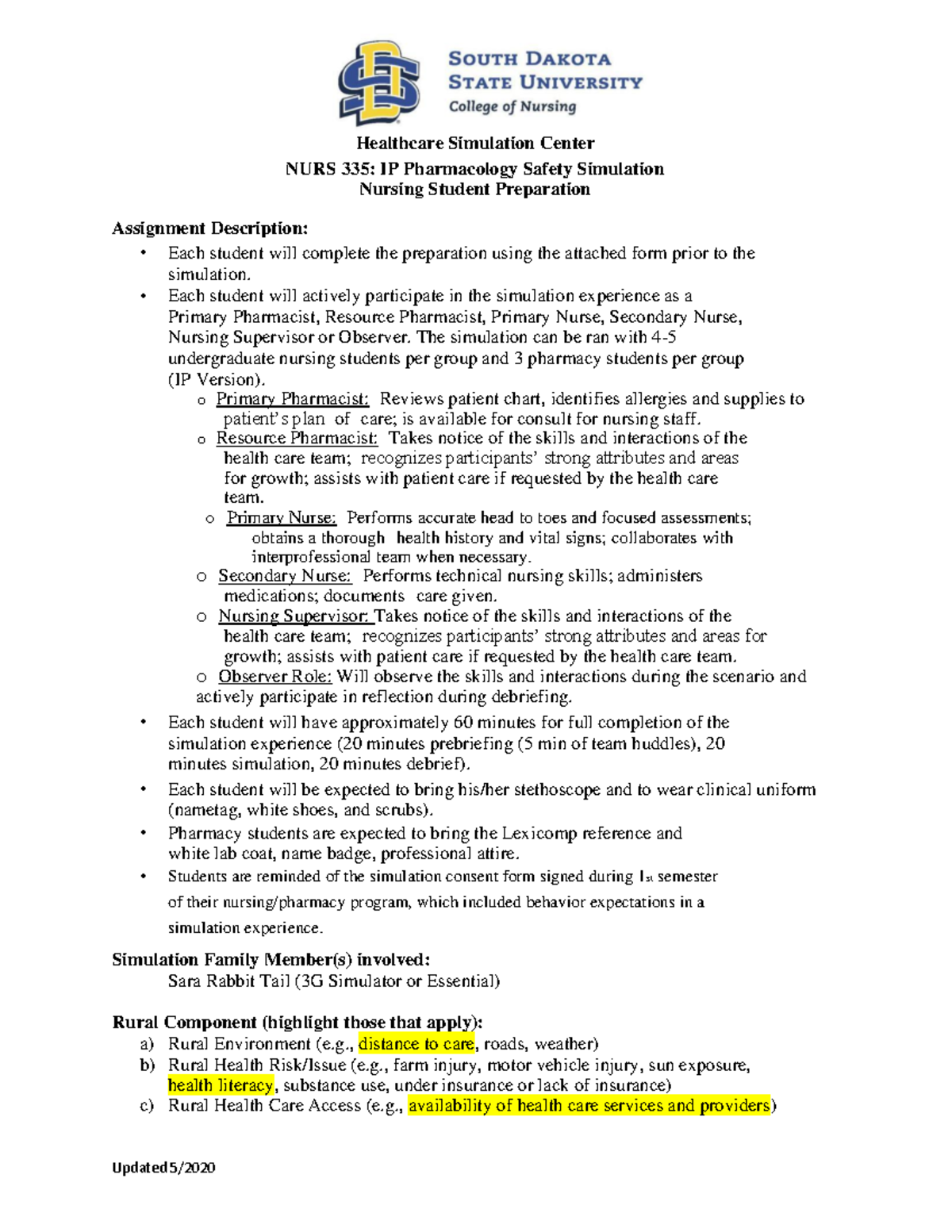 Pharmacology Safety Simulation - Healthcare Simulation Center NURS 335 ...