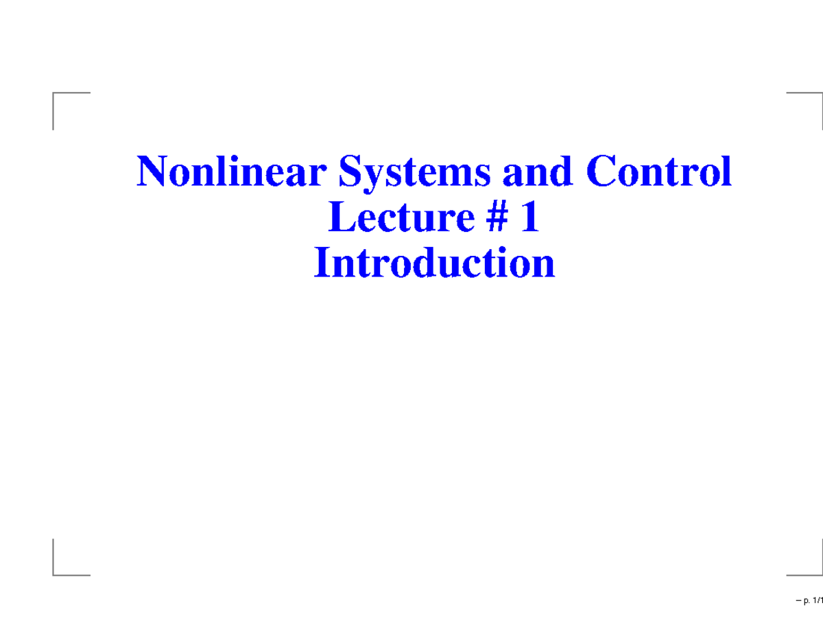 Lect 1 - control systems - Nonlinear Systems and Control Lecture # 1 ...